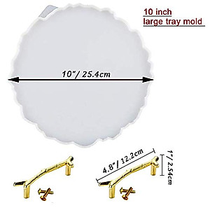 10 Inch Large Silicone Tray Mold, Round Shape Resin Agate Tray Mold with 2 Gold Handle, Epoxy Resin Casting DIY Molds for Making Faux Agate Tray, Serving Board