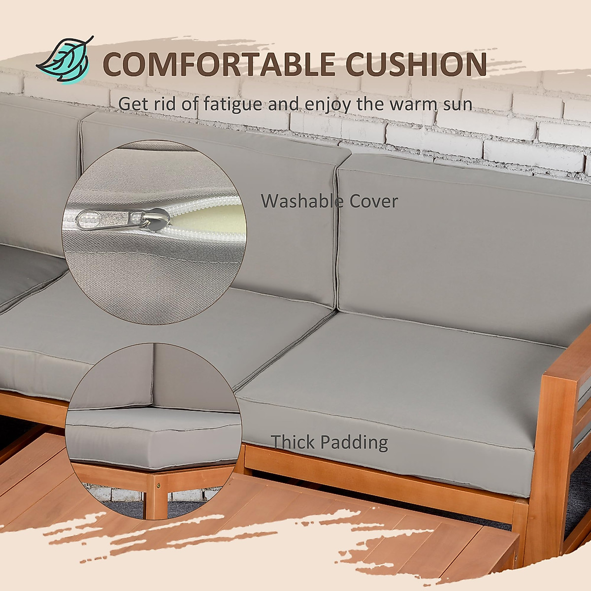 Outsunny 4 Seater L Shaped Patio Furniture Set with Coffee Table and Cushions, Wood Outdoor Sectional Sofa Conversation Set for Garden, Backyard, Porch and Poolside (Gray)