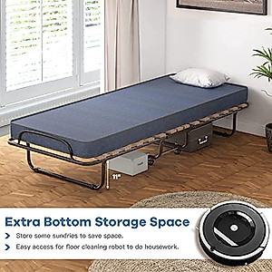 Augester Folding Bed with 4 Inch Mattress, Rollaway Foldable Guest Bed for Adults, Memory Foam Mattress & Sturdy Metal Frame, Portable Bed Cot Size w/Wheels, Easy to Transport, Blue