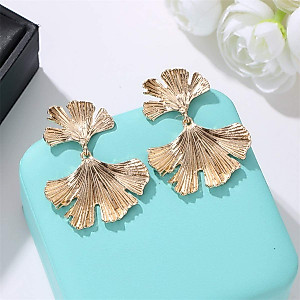 14K Gold Plated Flower Earrings for Women,Statement Ginkgo Leaf Earrings,Dainty Trendy Big Floral Earrings,Elegant Geometric Irregular Hawaiian Unique Plant Earrings Fashion Jewelry(Gin gold)
