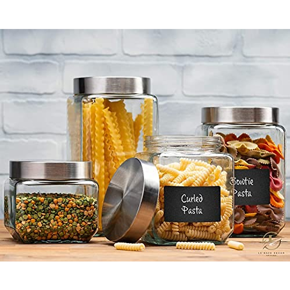 4pc Square Glass Cookie Jars with Airtight Lids + Marker & Labels, Canister Sets for Kitchen Counter or Bathroom - Food Storage Containers with Lids for Pantry - Flour, Sugar, Coffee, Cookies, etc.