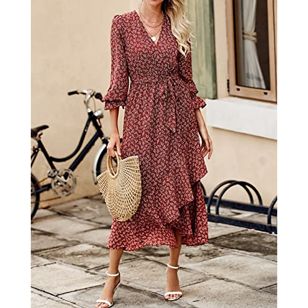 BTFBM Women Long Sleeve Wrap Maxi Dress V Neck Boho Floral High Waist Flowy Ruffle 2023 Summer Fall Dresses with Belt(Floral Wine Red White, XX-Large)