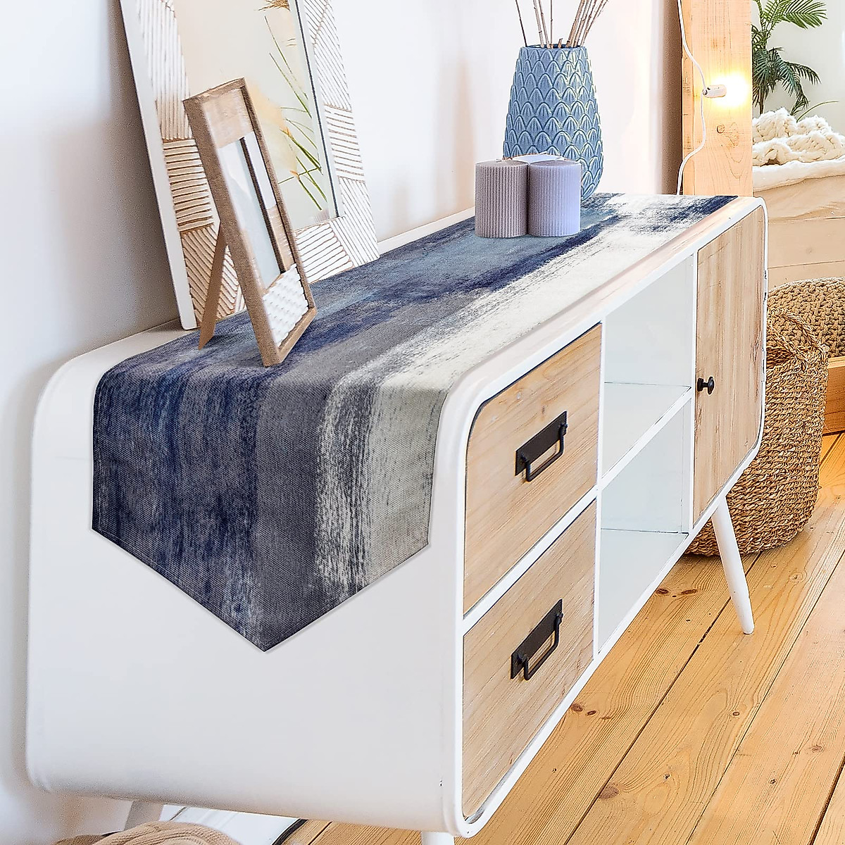 Blue and Grey Table Runner,Blue Abstract Modern Art Burlap Table Runners for Table Dresser Runner Farmhouse Style for Dinner Party Holidays Home Decoration (Blue and Grey, 13"x 71")