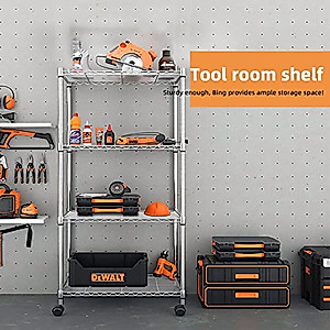 Chrome, 4 LAYER ADJUSTABLE METAL WIRE VERTICAL SHELF, heavy DIY shelf shelf, household kitchen, living room, bathroom, storage room, balcony, study, utility room, garage, with universal wheel shelf