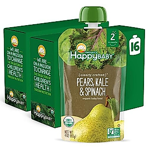 Happy Baby Organics Stage 2 Baby Food Pouches, Gluten Free, Vegan & Healthy Snack, Clearly Crafted Fruit & Veggie Puree, Pears, Kale & Spinach, 4 Ounces (Pack of 16)