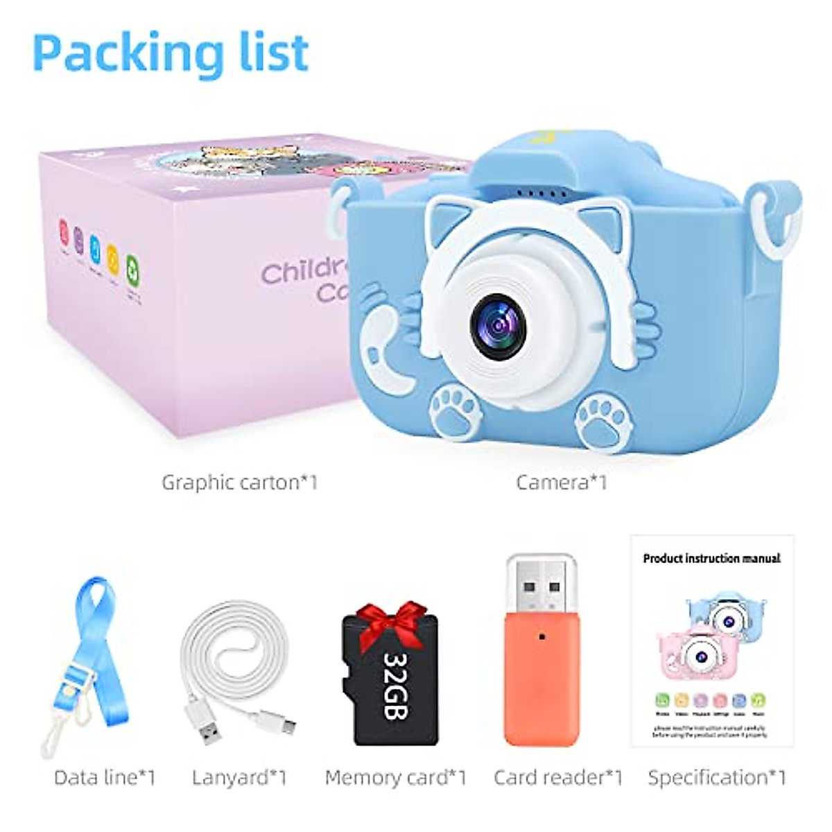YUE3000 Upgrade Kids cat Camera,Gifts for Boys and Girls of Age 3-9, 1080P HD Digital Video Cameras for Toddler, 20M high -Definition Digital Camera, Suitable for Portable Toys with 32GB SD Card-Blue