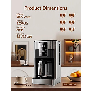 FETIONS Coffee Maker with Glass Carafe for Home Office, Programmable Stainless Steel Drip Coffee Machine with Timer Auto Shut-Off, LED Screen, 12-Cup Coffee Pot with Anti-Drip System, Reusable Filter