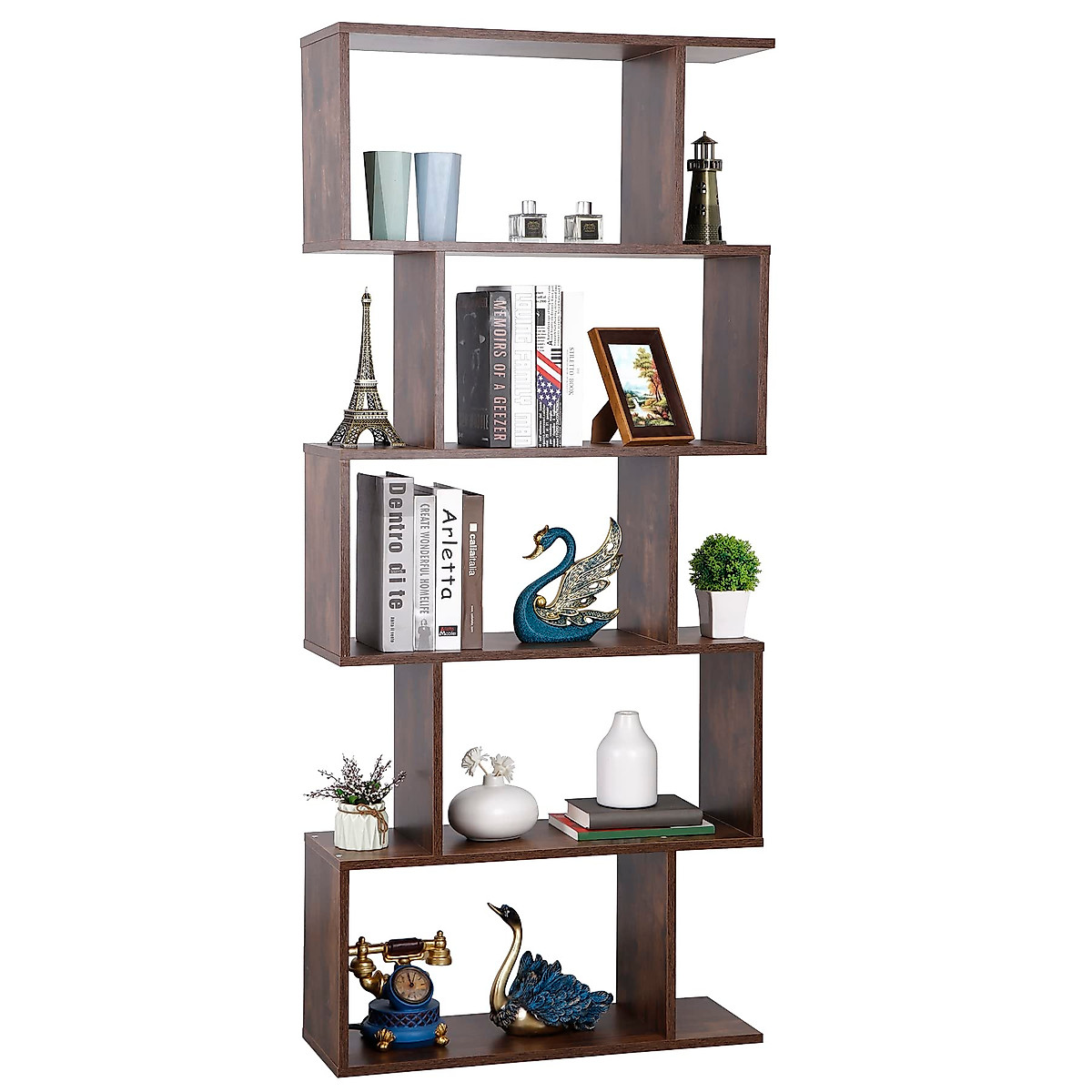 Epetlover 5 Tier Bookshelf S-Shaped Geometric Bookcase Wooden Floor Standing Open Shelf Bookshelves Display Storage Shelf & DVD Shelves for Living Room Bedroom Office, Rustic Brown
