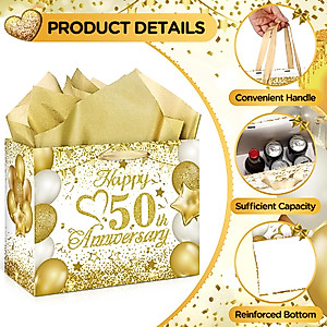 50th Anniversary Paper Gift Bag, White Gold 50th Anniversary Party Gift Bag with Tissue Papers Card 50th Wedding Anniversary Paper Gift Wrapping Bag 50th Golden Wedding Anniversary Christmas Decor