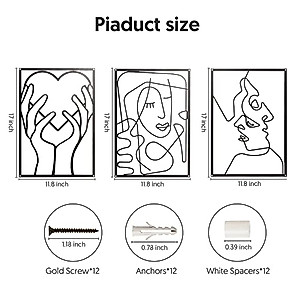 QIEGL 3 Packs Metal Wall Decor 0.12" Thickness Modern Home Decor for Black Coating with Silvery Sparkling 17"x11.8" Minimalist Wall Art Bedroom Decor Single Line Abstract Wall Sculptures for Living Room Bathroom Stairs etc.