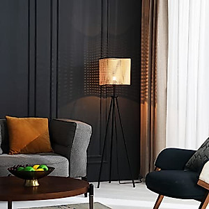 VidaLite Gal - Mid Century Bohemian Tripod PVC Rattan Shade and Velvet Boho Rim for Bed Dining, Kitchen, Living Room, Floor Lamp