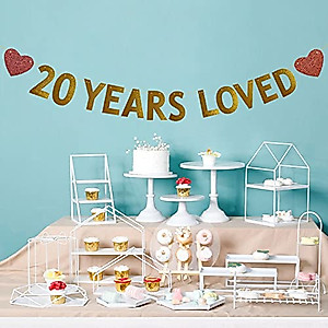 20 YEARS LOVED Banner for 20th Birthday /Wedding Anniversary Party Decorations Supplies, Pre-strung, No Assembly Required, Gold Glitter Paper Garlands Banner, Letters Gold, Betteryanzi