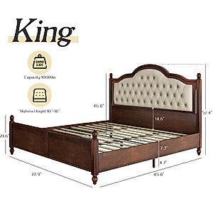 VanAcc Solid Wood King Bed Frame, Platform Bed with Upholstered Headboard, Luxury Beds with Wood Slat Support, Walnut