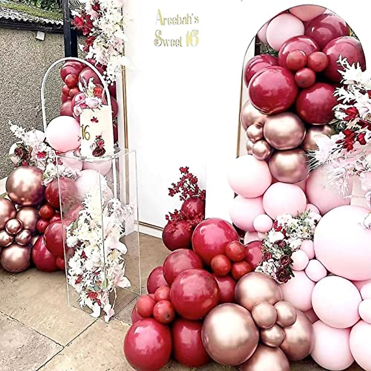 Oynearo Double Stuffed Burgundy and Pink Balloon Garland Arch Kit 150pcs Metallic Rose Gold Balloons Confetti Balloon for Baby Shower Birthday Bridal Engagement Anniversary Party Decoration