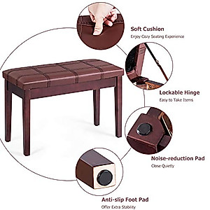 GOFLAME Piano Bench with Padded Cushion and Music Storage, Comfortable Double Duet Seat with PU Leather and Wooden Legs, Perfect for Professional or Home Use (Brown)