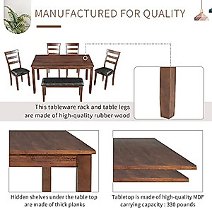P PURLOVE 6 Piece Dining Table Set, Wood Rectangular Kitchen Table and 4 Dining Chairs and 1 Bench, PU Cushion, Family Furniture for 6 Persons, Walnut