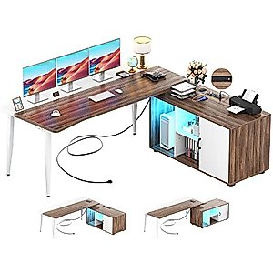 Unikito L Shaped Desk with File Cabinet and Power Outlet, 55 Inch Large Corner Computer Desks with LED Light Strip, L-Shaped Computer Desk with Door and Storage Shelves for Home Office, Walnut & White