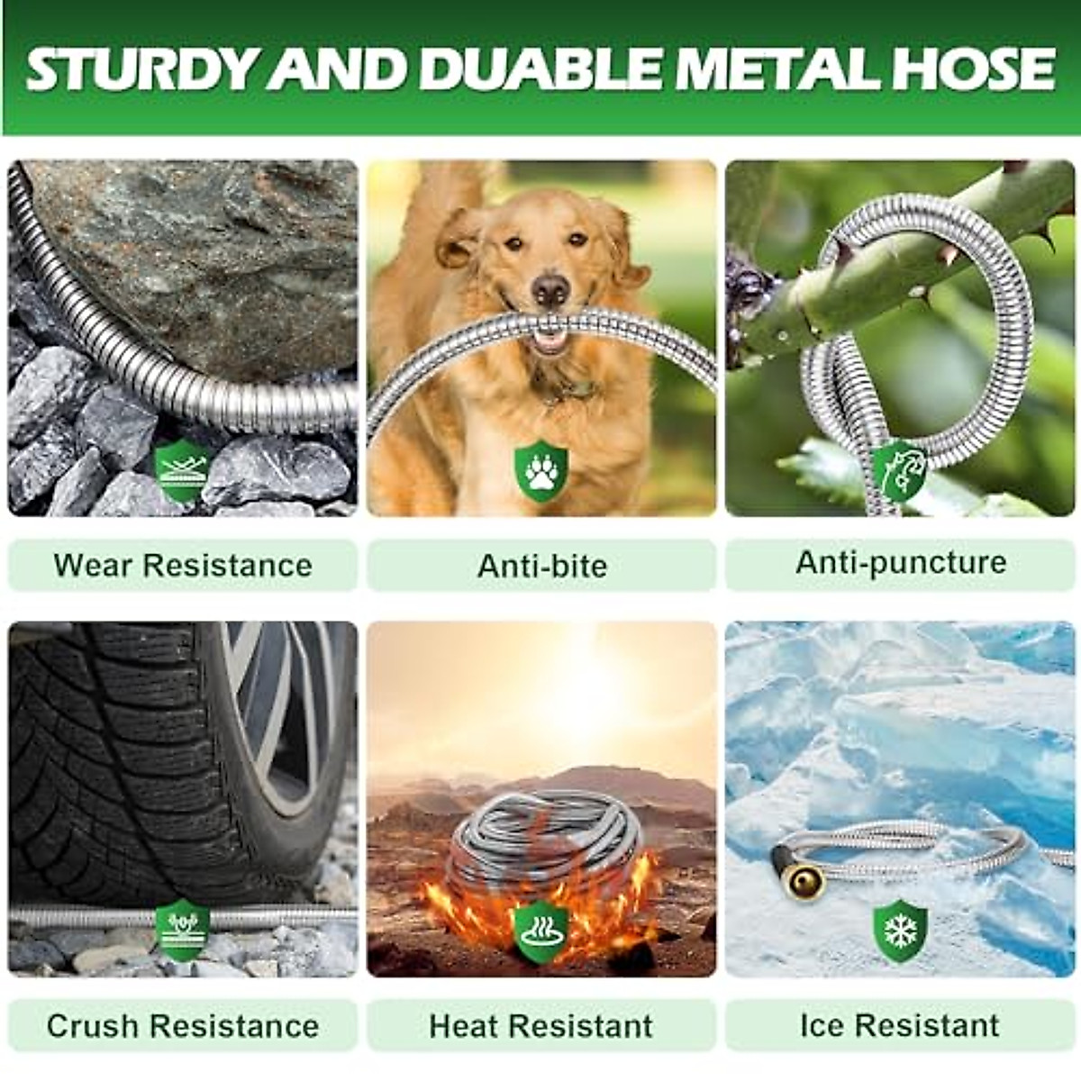 Metal Garden Hose 150ft - Stainless Steel Water Hose with 10 Function Nozzle, No Kinks & No Tangles, Flexible, Lightweight, Puncture-proof Heavy Duty Hose for Yard, RV, Garden, Greenhouse, Flower Beds