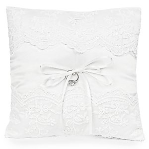 HONEYGIFTS Wedding Party Ring Pillow, 8x8in White Bearer Cushion Lace Pearl Wedding Ring Pillow with Embroider for Beach Wedding