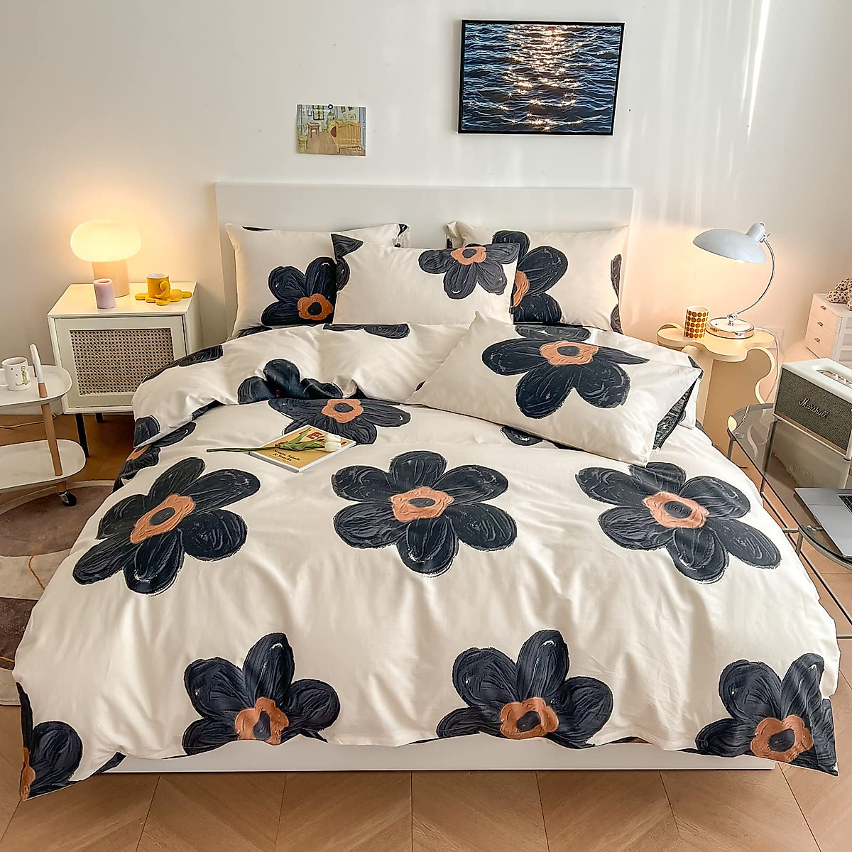 BlueBlue Flower Kids Duvet Cover Set, 100% Cotton Bedding for Boys Girls Teens, Cartoon Cute Dark Gray Black Floral Pattern on Cream White, 1 Full Comforter Cover 2 Pillow Shams (Queen)