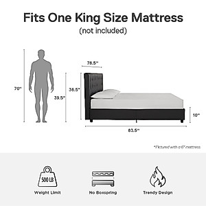 DHP Emily Upholstered Platform Bed with Modern Vertical Tufted Headboard, No Box Spring Needed, King, Black Faux Leather