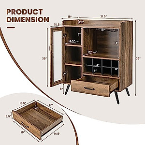 LOKO Wine Bar Cabinet, Farmhouse Coffee Bar Cabinet with Tempered Glass Door, 3-Row Glass Holder & 8-Grid Wine Rack, Buffet Sideboard with Wine Display, Rustic Brown