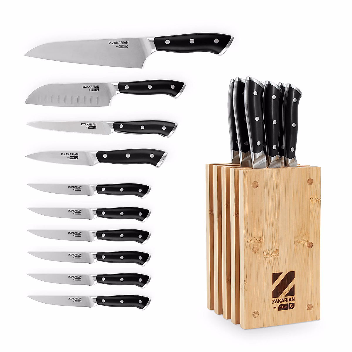 DASH Zakarian by DASH 11-Piece German Steel Kitchen Knife Set with 7" Chef, 5" Santoku, 5" Serrated Utility, 3.5" Paring, 6 Steak Knives and Magnetic Bamboo Knife Block, Black