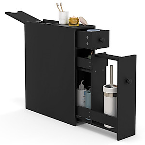 LOKO Bathroom Floor Cabinet, Narrow Storage Organizer with Flip Top, Pull-Out Drawer & Shelves, Freestanding Toilet Paper Holder, Wooden Storage Cabinet for Living Room, Kitchen, Laundry Room (Black)