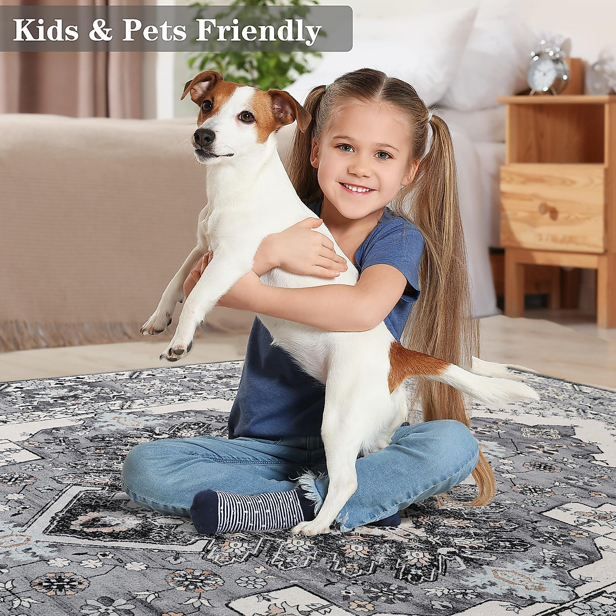 Noahas Grey 6x9 Area Rugs for Living Room, Vintage Machine Washable Rug,Low Pile Print Large Living Room Rug