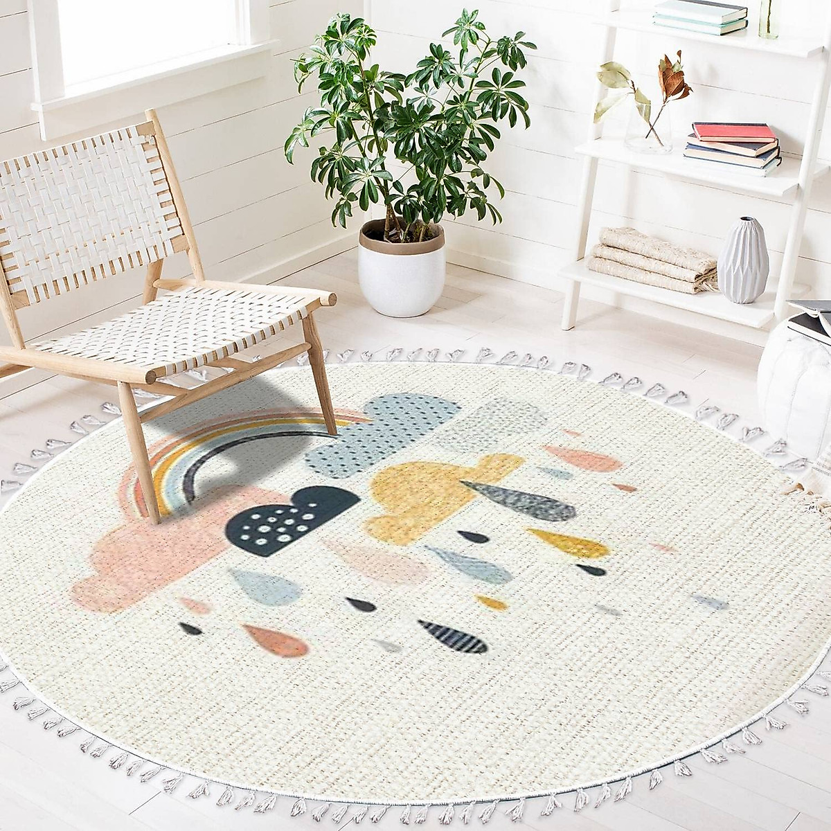 DNEWYNPABV Round Boho Rug Sky with Clouds rain Drops and Rainbows Cute Doodle Decorative Area Linen Carpet Patio Hallway Runner Mat Pad Minimalist Home Decor for Living Room Outdoor, Multi, 4 ft
