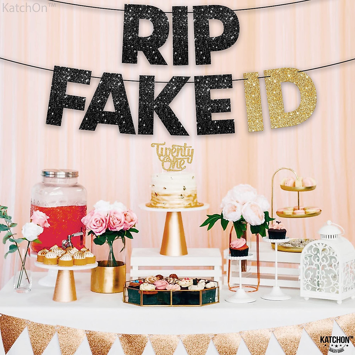 KatchOn, Glitter RIP Fake ID Banner Black and Gold - Prestrung, 10 Feet | Finally 21 Banner for Golden 21st Birthday Decorations for Him | Happy 21st Birthday Banner for Happy Birthday Decorations