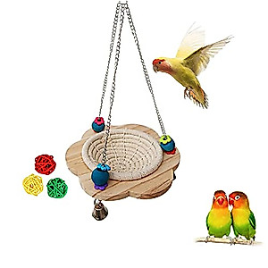 Diaertiny Hanging Bird Nest Parrots Bed with Colorful Swing Wooden Bracket Nibble Toys and Bells Handmade Cotton Hemp Rope for Parakeet Conures Finch Budgie Lovebird (Cotton Rope)