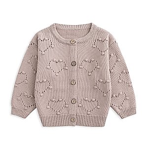 Curipeer Baby Girl Knit Cardigan Sweater Soft Heart Pompoms Toddler Outwear Coat 2T