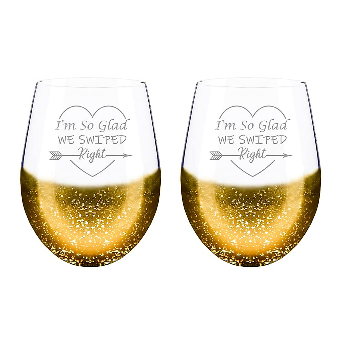 2 Pieces Pack Valentines Day Gifts for fiancée fiancé, I'm So Glad We Swiped Right Hand Etched Stemless Glitter Gold Wine Glass