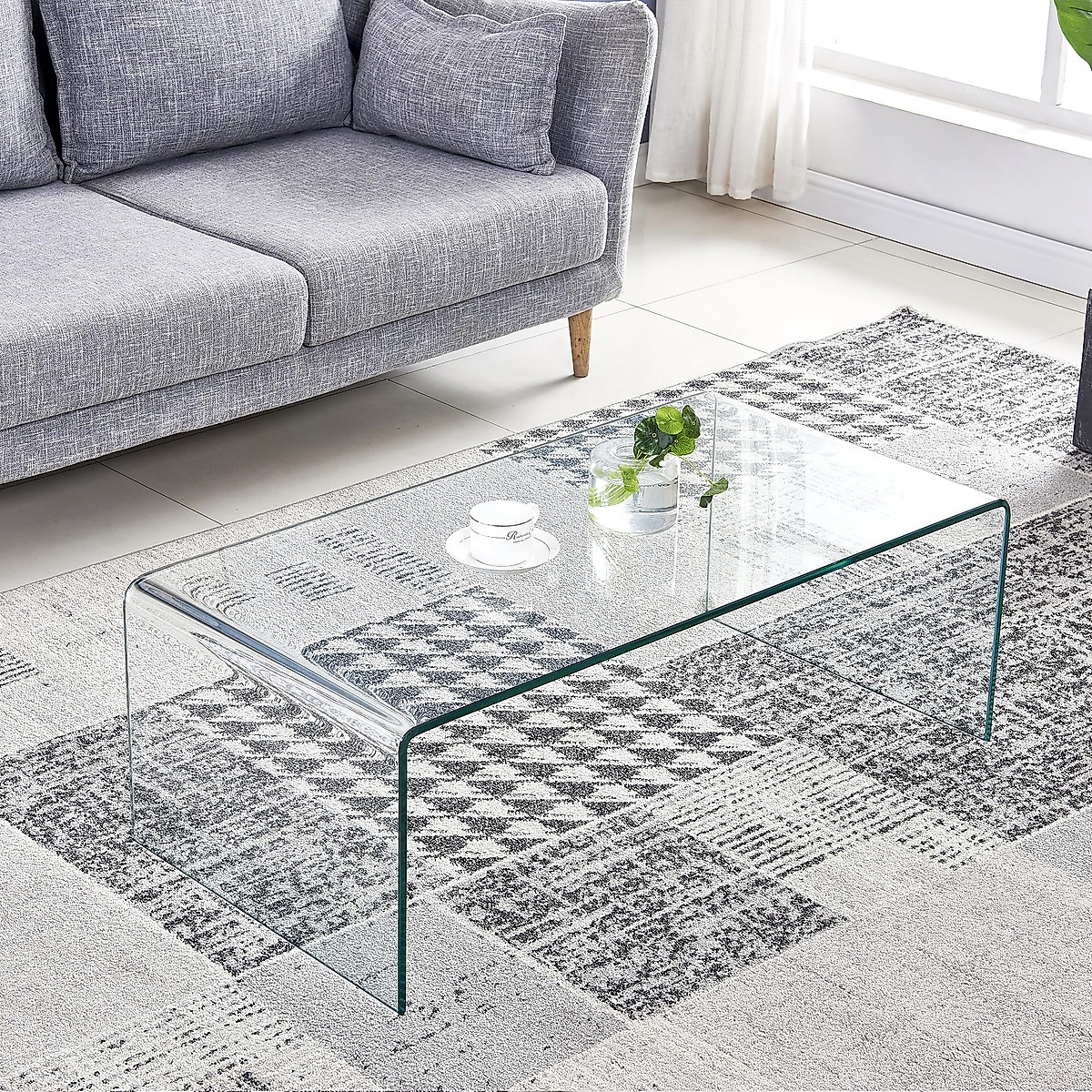 SMARTIK Glass Coffee Table, Modern Clear Tempered Glass Coffee Table for Living Room, Easy to Clean and Safe Rounded Edges (Medium 39.4" x 19.7" x 13.8")
