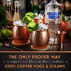 Yooreka Gift Set Moscow Mule Mugs Set Of 4 16 oz Solid Cooper, 100% Pure Copper Cups HANDCRAFTED,BONUS 4 Straws, 4 Wood Coasters, Stirring Spoon, Cleaning brush and Jigger (Round)