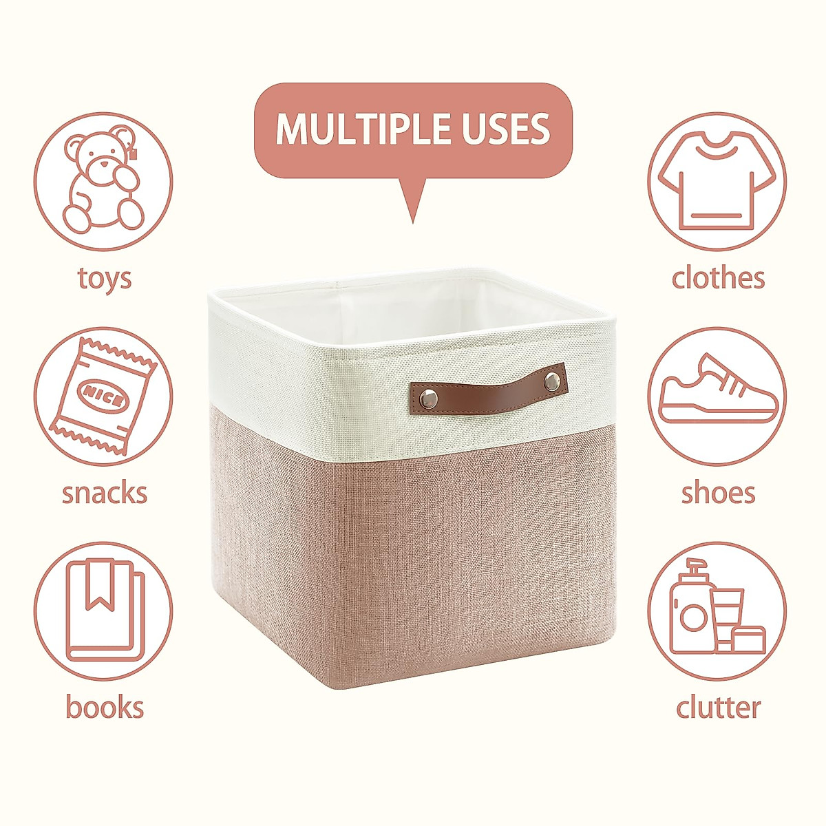 Patvingot Collapsible Fabric Cube Storage Bins 11x11×11, Pack of 6 Closet Basket Boxes with PU Handles for Organizing Shelves, Toys, Clothes, Home, Office,Laundry,Office(White&Pink)