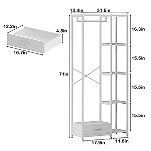SogesGame Clothes Rack for Hanging Clothes, White Clothing Rack with Shelves and Drawer, Freestanding Garment Rack for Bedroom Wardrobe Rack for Hanging Coats, Shirts, Skirts, Sweaters