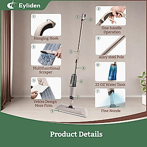 Eyliden Wet and Dry Spray Mop - 360° Rotating Head, 22 oz Refillable Bottle, 2 Washable Microfiber Pads, Ergonomic Handle - Floor Mop with Spray for Hardwood, Tile, and Laminate Floors