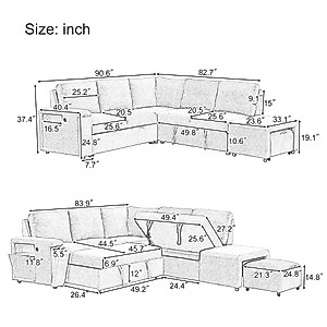 LUMISOL Sectional Sofa with Storage Space, 6 Seat Modular Couch with Cup Holders on The Armrests and USB Ports, L-Shaped Indoor Funiture with Ottoman and Pull-Out Structure for Living Room, Gray