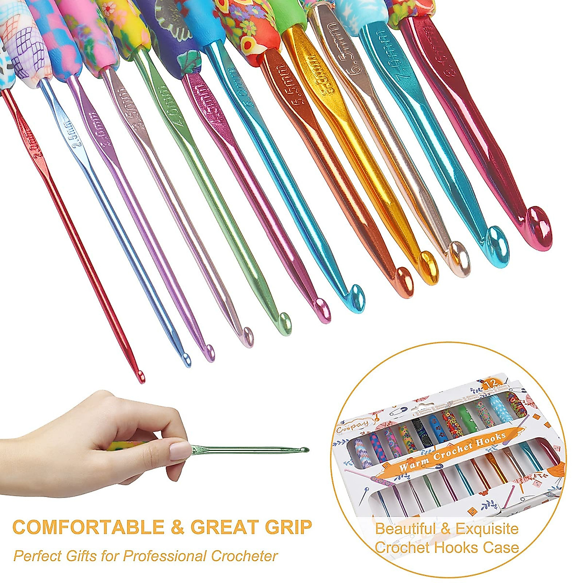 Coopay 12PCS Warm Crochet Hooks Plus & 8PCS Blue Porcelain Pattern Ergonomic Handle Crochet Needles, Crochet Kit Crochet Hook Set Ergonomic Soft Grip Crochet Needles Ideal Knitting Crochet Supplies