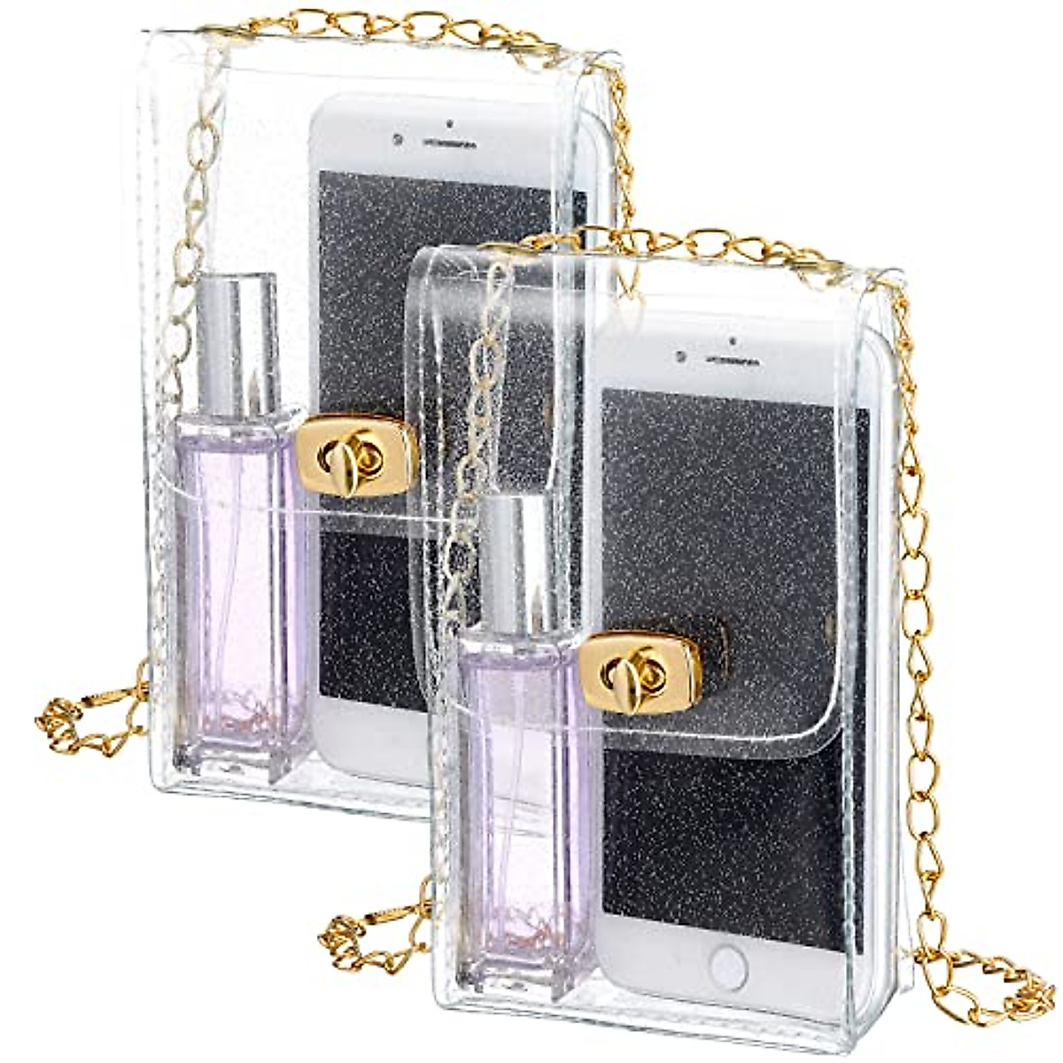 2 Pcs Clear Bag Stadium Approved Small Clear Purses PVC Plastic Bag for Women Girls Men Sporting Concert (Gold Glitter, Simple Style)