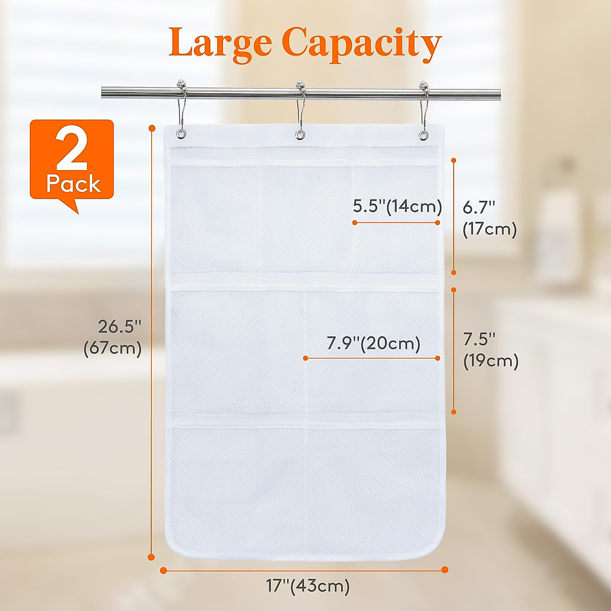 Lifewit Mesh Shower Caddy, 7 Pockets Hanging Shower Organizer with Quick Drying Mesh, Portable Space Saving Bathroom Organizer to Hold Soap, Shampoo and Cruise Ship Essentials, White, 2 Pack