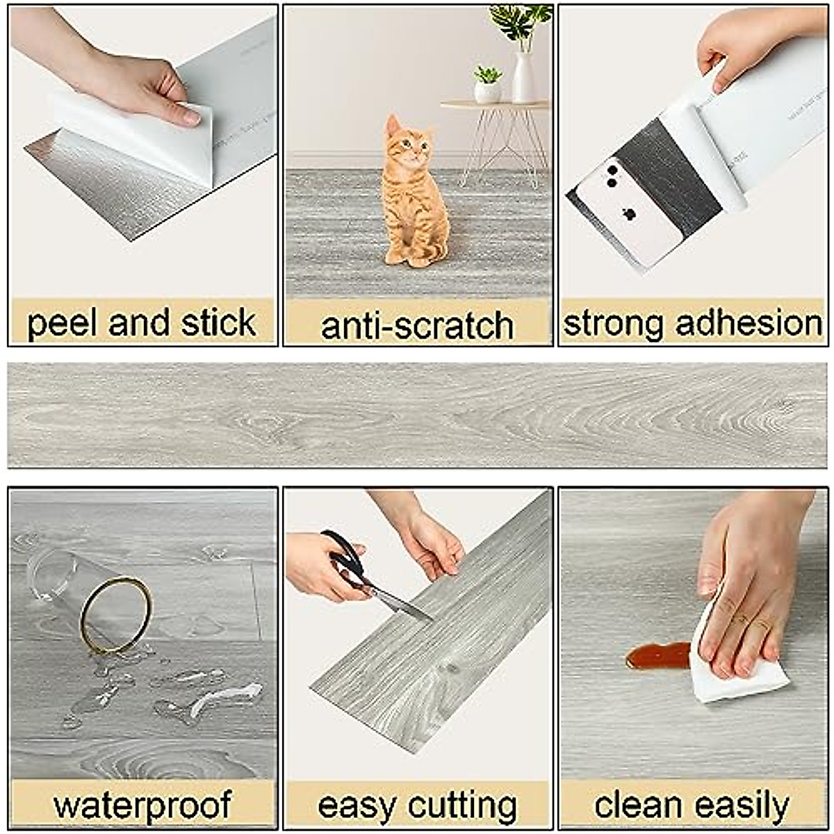 Freshtour Peel and Stick Floor Tile, 36 PCS/54 Sq.Ft Self-Adhesive Wood Vinyl Plank Flooring, Waterproof Wear-Resistant DIY Floor Tiles for Bedroom Kitchen Living Room RV (36" x 6", Light gray)
