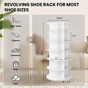Gujiam 6-Tier Rotating Shoe Rack Tower 360 with Wheels, 57.5in Spinning Shoe Rack, Revolving Shoe Rack, Shoe Carousel Closet Organizer, Free Standing Shoe Rack for Entryway Living Room Hallway White