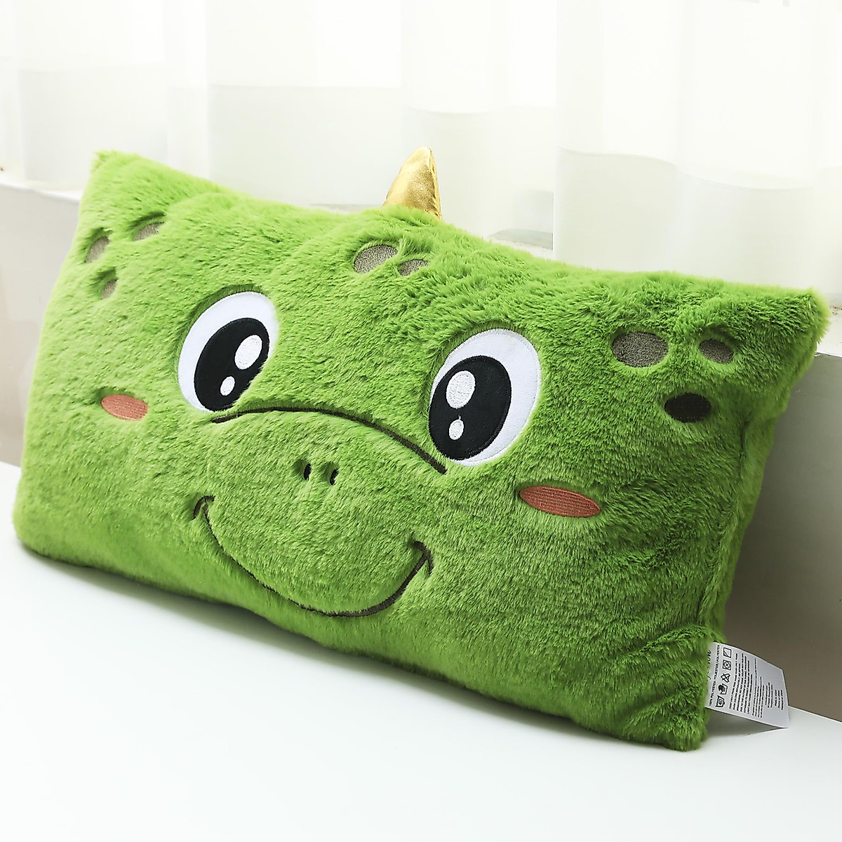 Stuffed Animal Lumbar Pillow, Super Soft Plush Cuddle Throw Pillow for Kids, Cute Dinosaur Shaped Pillow, 12 x 24 Inches, Green