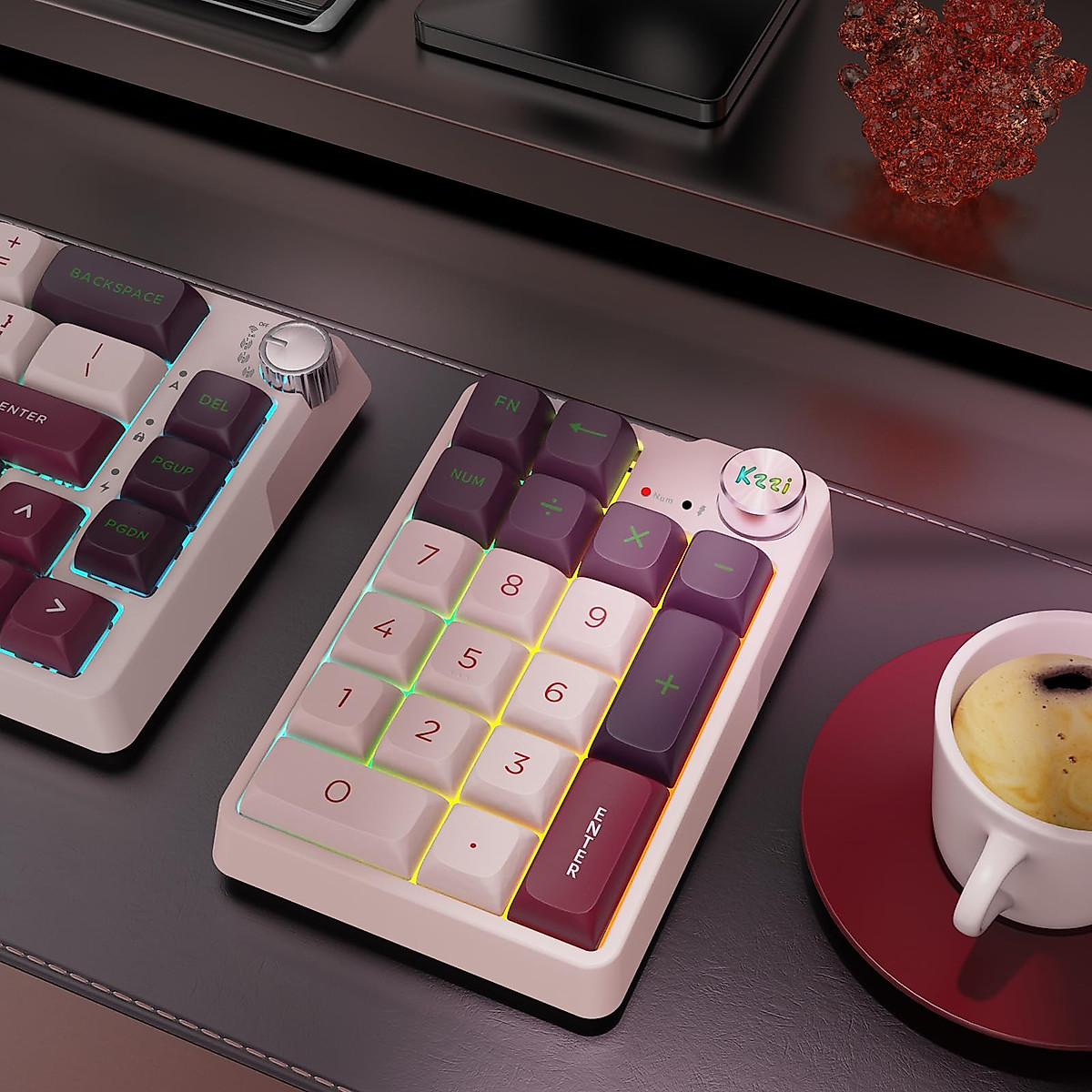 Mechanical Wireless Rechargeable Numeric Keypad, Gasket Bluetooth 5.0/2.4ghz/Wired Hot Swappable19 Keys Numpad, with Poron Foam, Aluminum Alloy Knob (Purple-Pink)