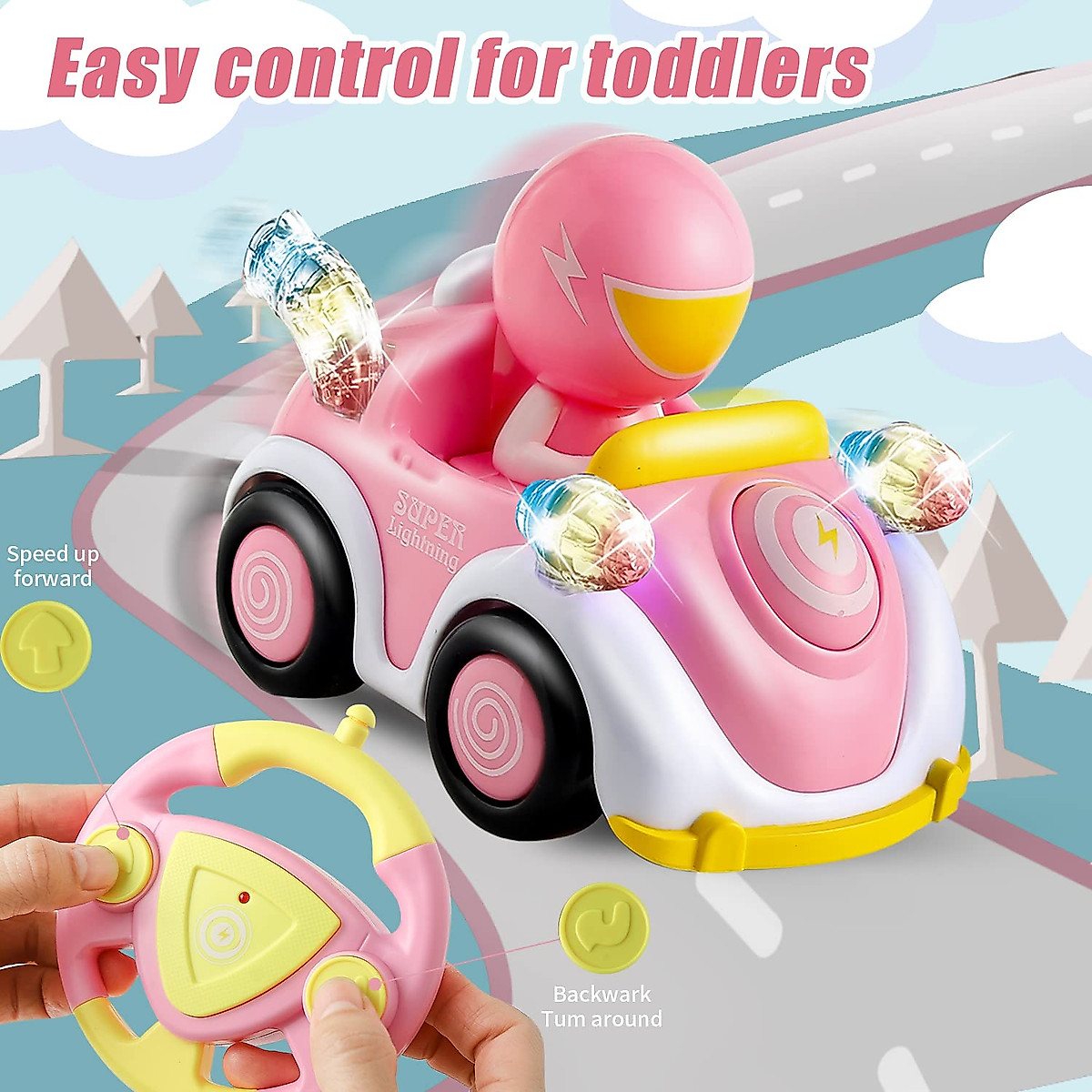 NQD Remote Control Cartoon Car for Toddlers with Music and Lights, 2.4GHz Radio Control RC Race Car, Educational Learning Toys for 3 4 5 6 Years Old Kids(Pink)