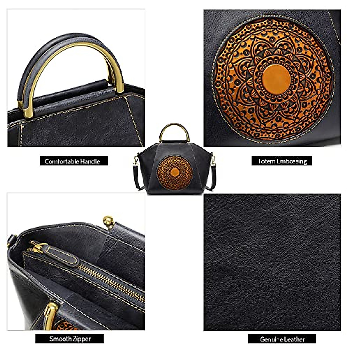 Women Genuine Leather Handbags, Organizer Retro Vegetable Tanning leather bag Vintage Embossing Totem Shoulder Bag (black)