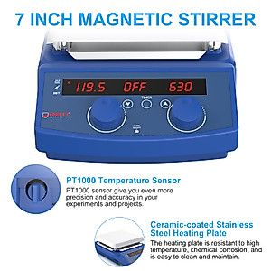 Magnetic Stirrer with Hotplate, 7 Inch Ceramic Hotplate, Speed and Temperature Adjusting, with Timer and Display, max 20L Stirring Capacity, 50 to 1500rpm, up to 510°C(950°F)
